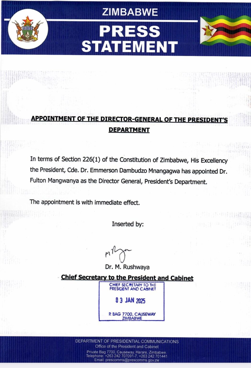 Mnangagwa Appoints New CIO Director - NewsHawks